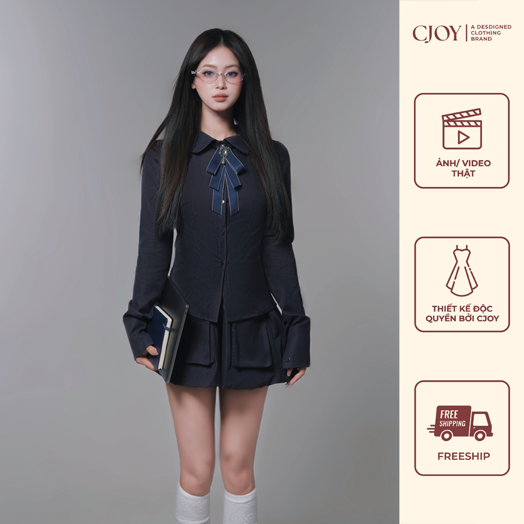 Áo sơ mi kiểu nữ cá tính CJOY màu xanh navy thiết kế cổ sen sang chảnh Sabrina Shirt | Shopee ...