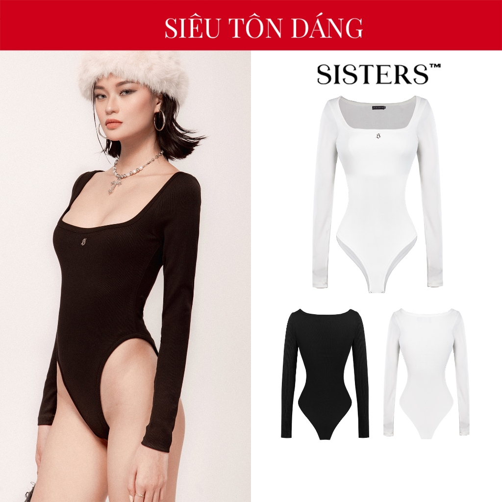 Bodysuit tay dà cổ vuông sexy SISTERS màu đen, trắng vải thun co dãn ôm sát cơ thể có cúc bấm ...