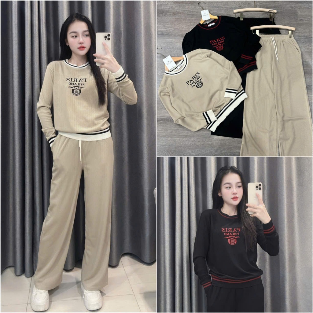 [BO THÊU PARIS] Sét chất tăm hàn tay dài quần dài suông. Đủ size SMLXL | Shopee Việt Nam