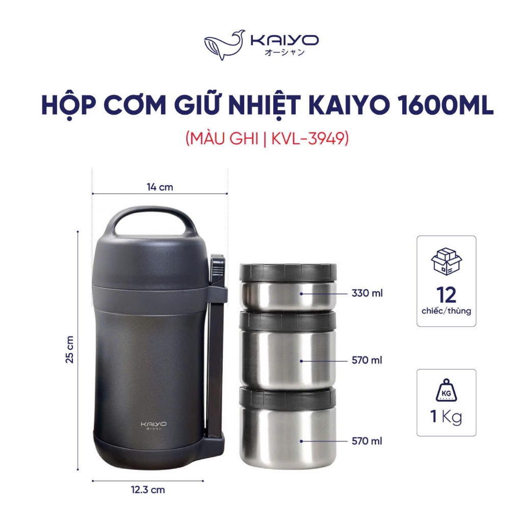 Cặp lồng hộp cơm giữ nhiệt Kaiyo dung tích 1600ml kèm 3 hộp inox và 1 hộp đũa | Shopee Việt Nam