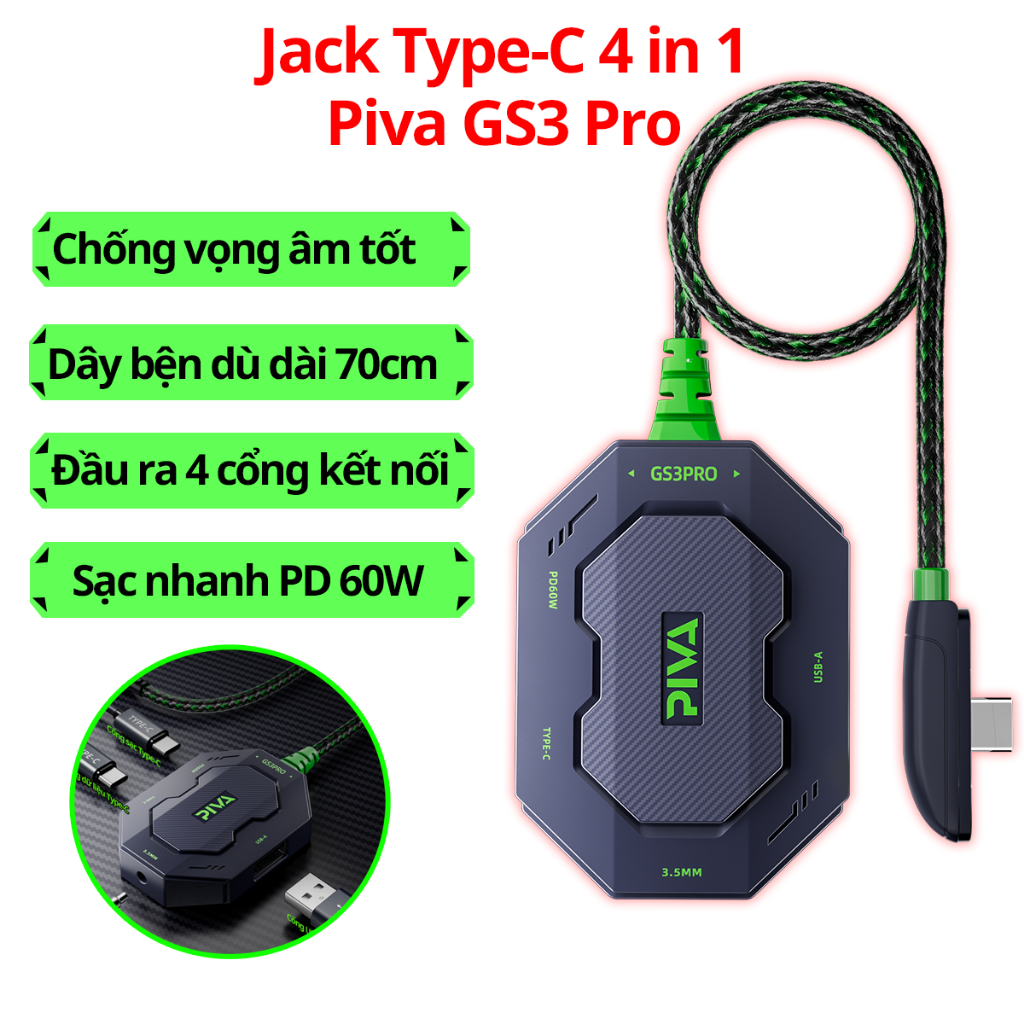 Jack chuyển đổi Type-C 4 in 1 Piva GS3 Pro Cổng chuyển đổi TypeC 4 trong 1 hỗ trợ chống vọng âm ...