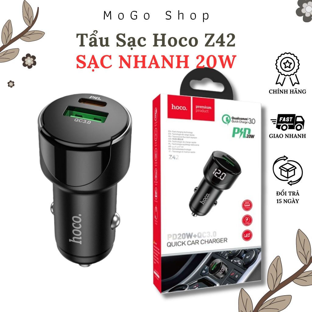 Tẩu sạc ô tô Hoco Z42 - Sạc nhanh PD 20W - 2 cổng Type-C/USB - Màn hình ...