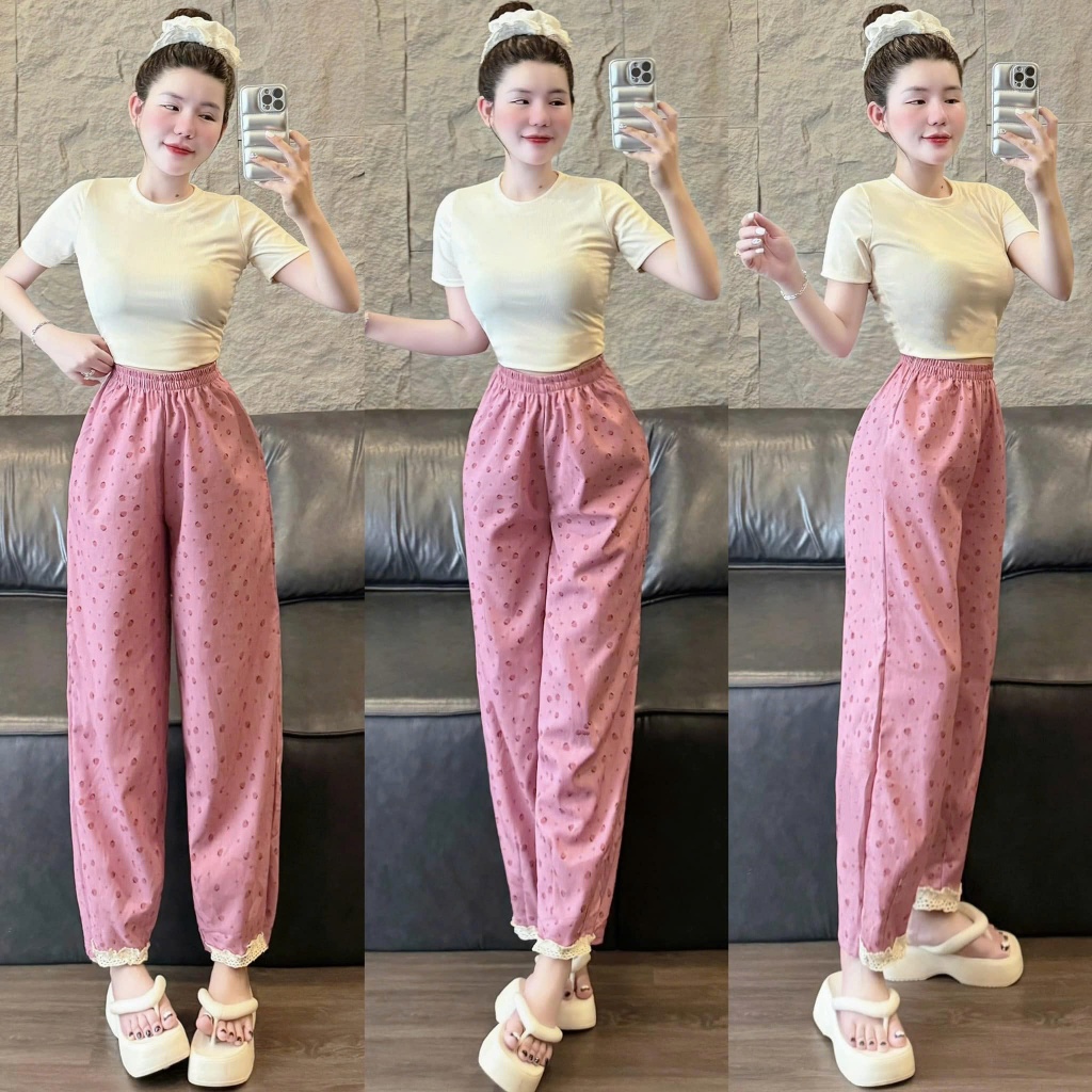 BARE_[Xả Hàng] (Có bán lẻ) Set 2 món áo ôm body cổ tròn vừa phối quần dâu tây viền ren phong ...