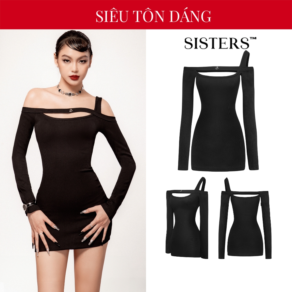 Đầm body nữ dài tay khoét ngực SISTERS trễ vai màu đen form ôm tôn dáng ...