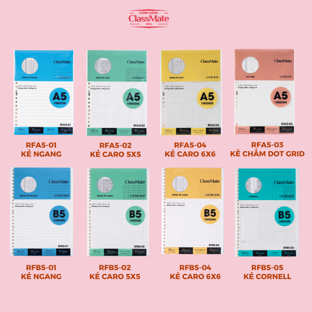 Giấy Refill Thay Ruột Sổ Còng A5 B5 CLASSMATE 20 26 Lỗ Định Lượng 100gsm Kẻ Ngang, Caro, Dot ...