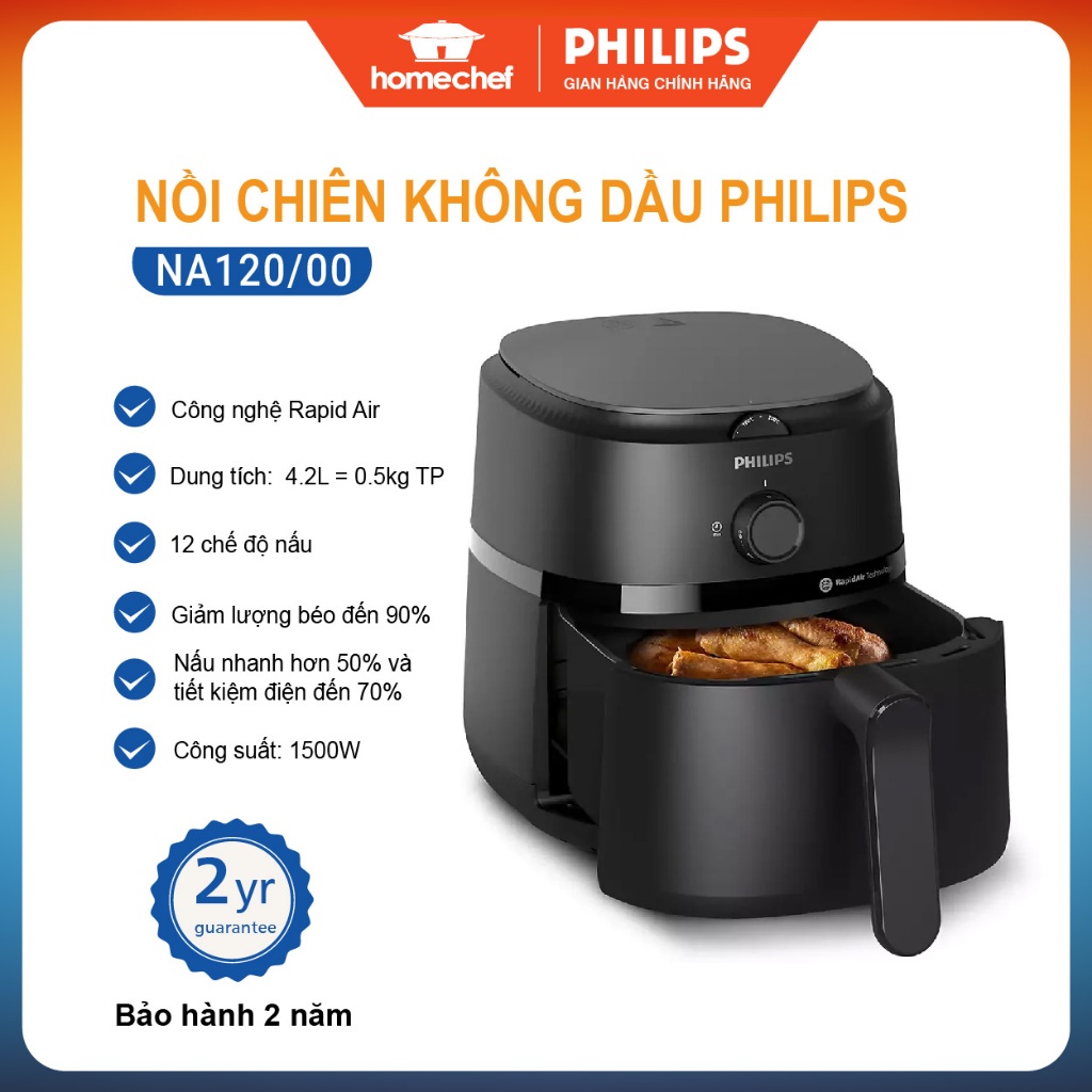 Nồi chiên không dầu Philips 4.2L NA120, chiên đến 0.5kg thực phẩm, công ...