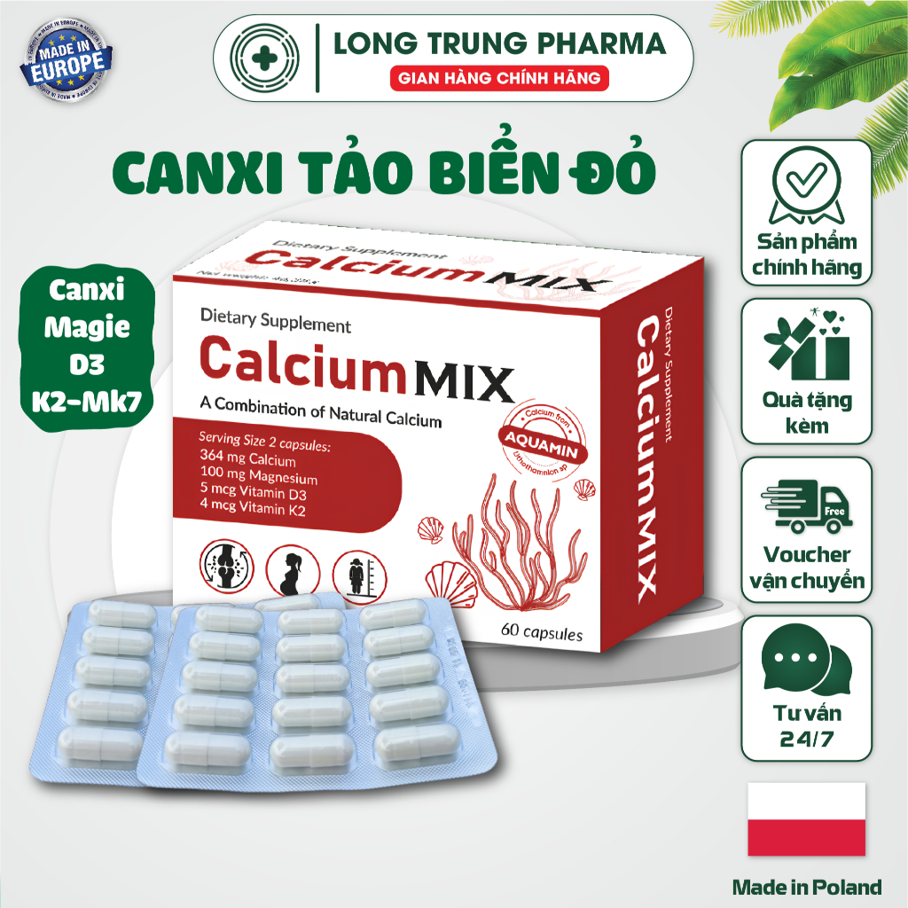 Calcium Mix Bổ Sung Canxi Tảo Biển Đỏ, Magie, Vitamin D3, K2-Mk7 Cho Mẹ Bầu, Trẻ Tăng Chiều Cao ...