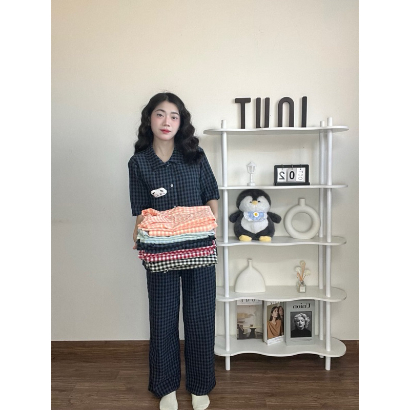 Bộ đồ ngủ kiểu nữ chất xốp cotton dáng dài mùa thu kẻ ô vuông form rộng ...