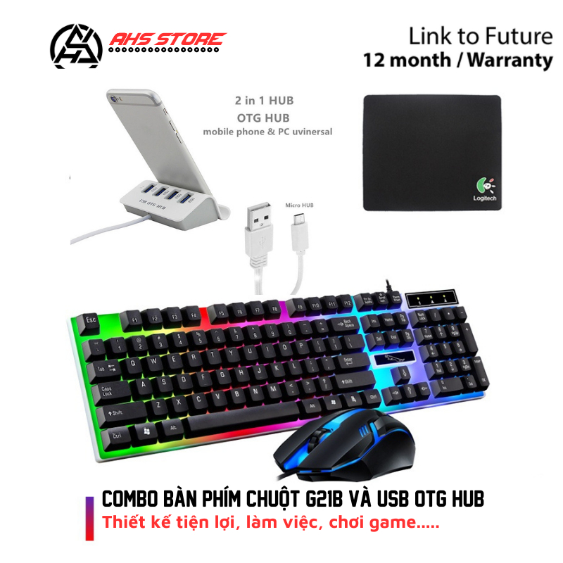 Combo bàn phím chuột G21B và USB OTG HUB chơi game Minecraft Roblox và ...