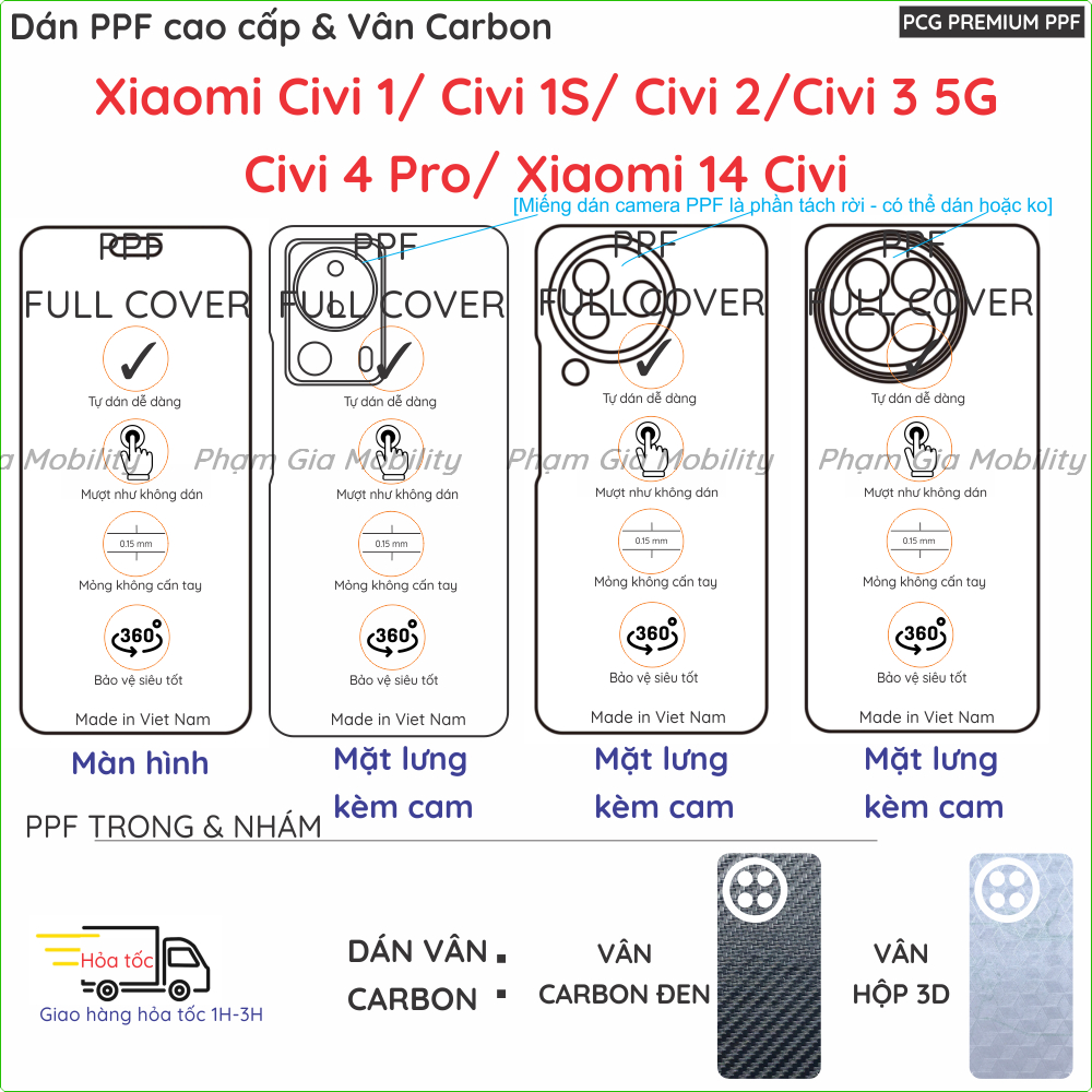 Dán PPF & Skin Carbon Xiaomi Civi 1/ Civi 1S/ Civi 2/ Civi 3 5G/ Civi 4 Pro/ Xiaomi 14 Civi loại ...