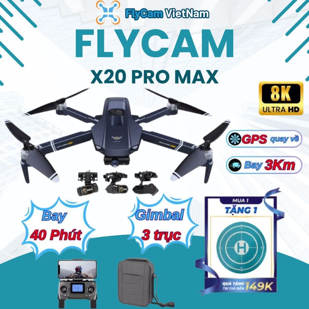 Flycam mini X20 Pro Max Camera 8K, Plycam định vị GPS tự động trở về ...