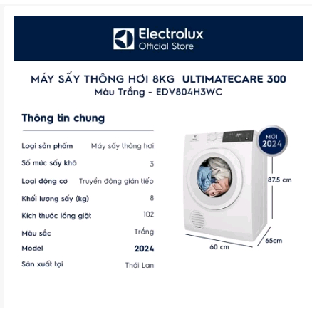 [HÀNG CHÍNH HÃNG] Máy sấy thông hơi Electrolux 8 kg EDV804H3WC ...