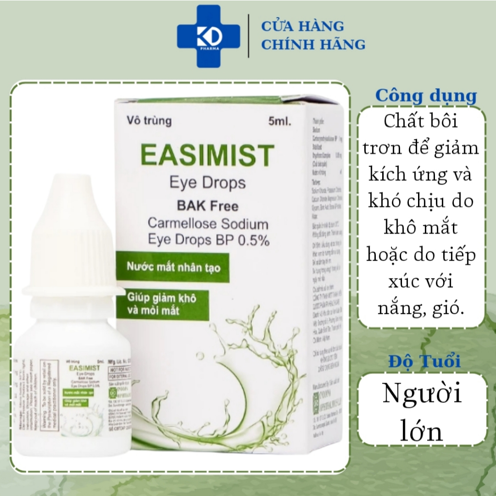 Nước mắt nhân tạo Easimist Eye Drops Indiana Ophthalmics giúp giảm khô ...