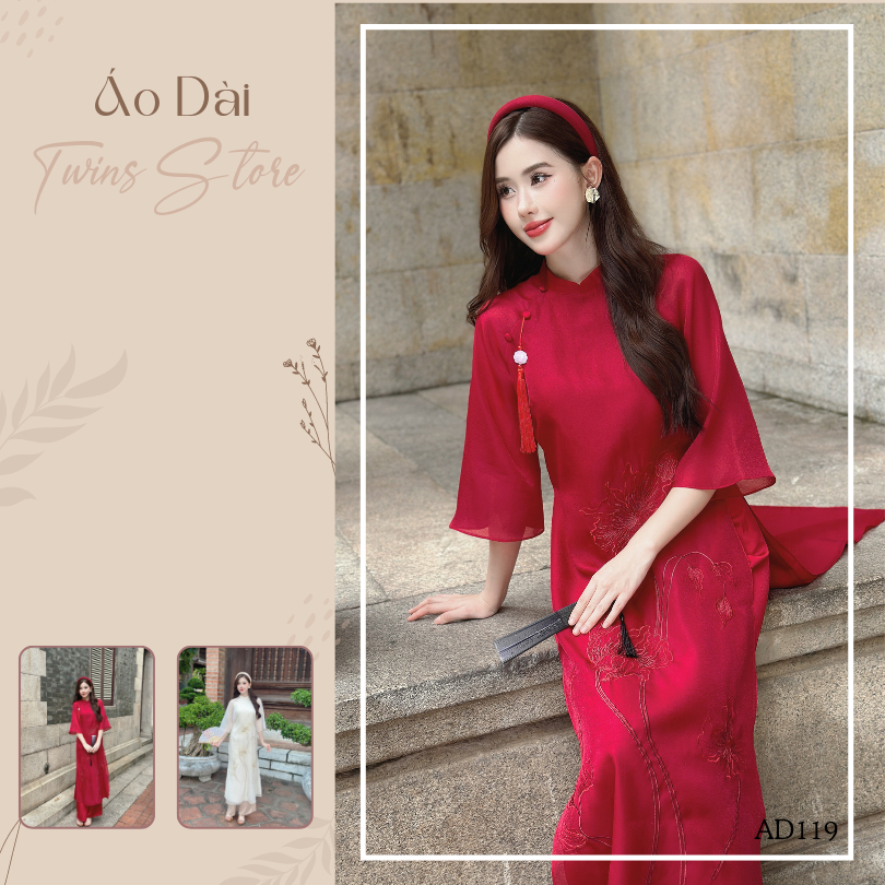 Áo dài dáng suông cách tân Twins Store, chất tơ thêu hoa sen + TẶNG KÈM KHÁNH NGỌC - AD119 ...