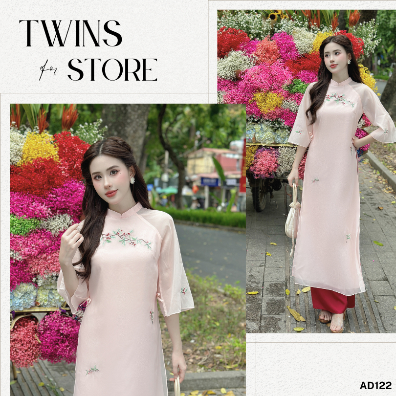 Áo dài dáng suông cách tân Twins Store, chất tơ óng thêu hoa - AD122 | Shopee Việt Nam