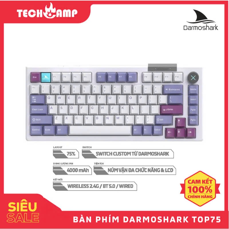 Bàn phím cơ chính hãng Darmoshark TOP75 White Tri-mode RGB TTC Shark ...
