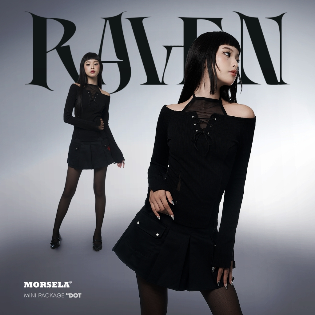 MORSELA chính hãng - Áo croptop nữ kiểu tay dài trễ vai cổ yếm form ôm cut-out phối lưới RAVEN ...