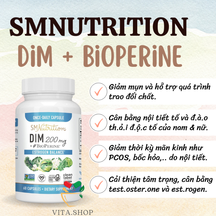 SMNutrition DIM & Bioperine 200mg - Viên uống, cân bằng hormone, PCOS ...