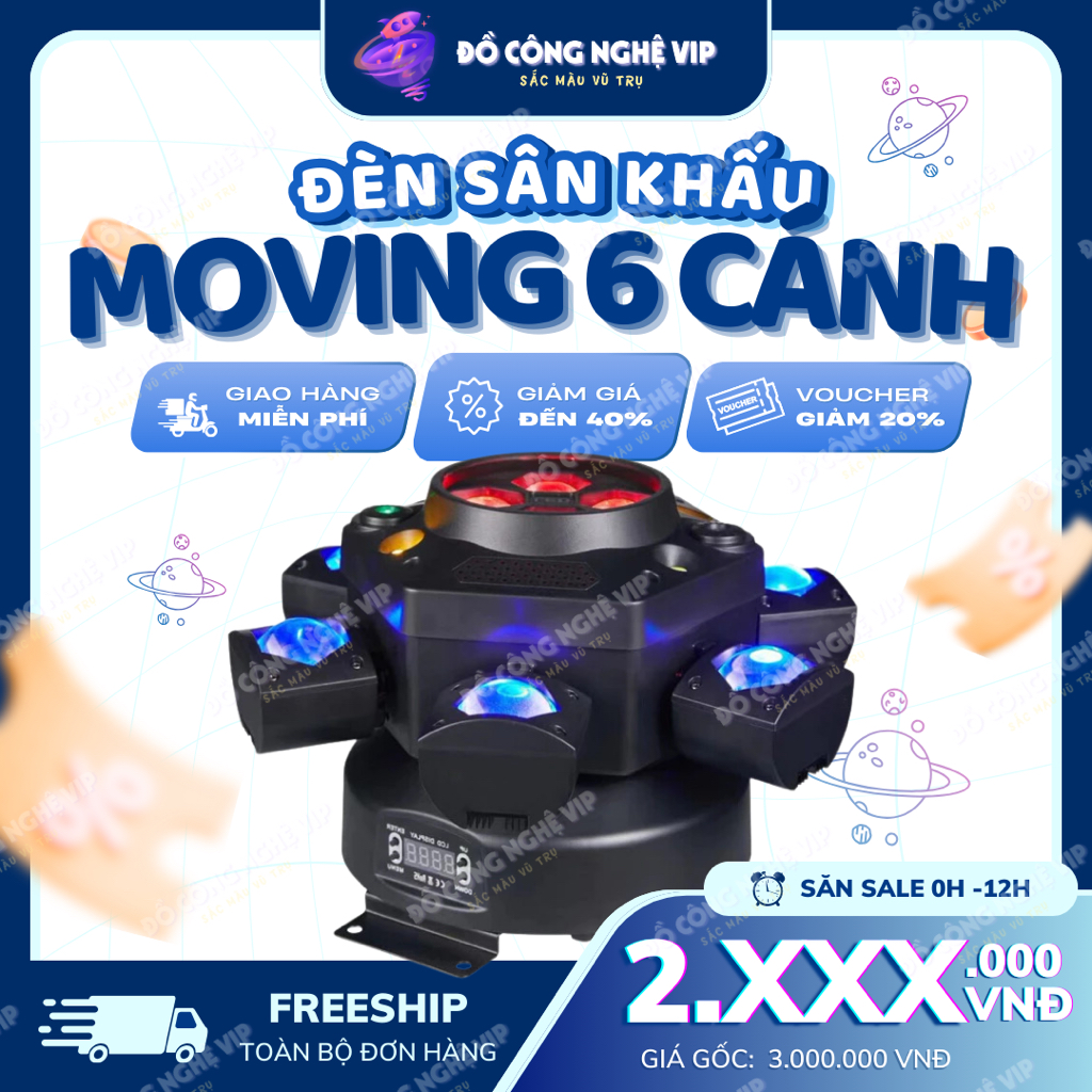 Đèn sân khấu moving 6 cánh PRO xoay 540 cảm ứng âm thanh điều khiển DMX 512 dành cho sân khấu ...