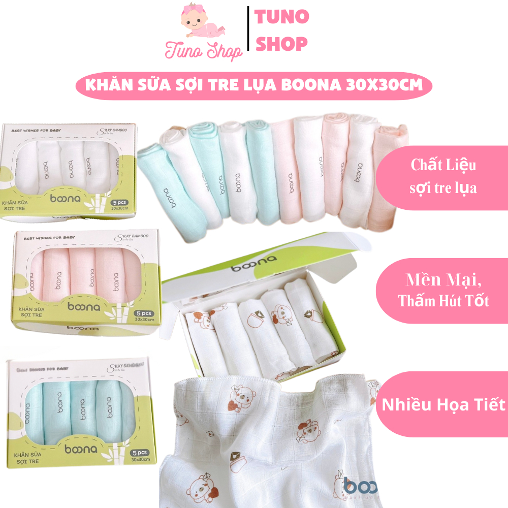 Khăn sữa sợi tre Boona cao cấp kháng khuẩn, hộp 5 khăn xô sữa 30x30cm cho bé mềm mại Tuno Shop ...
