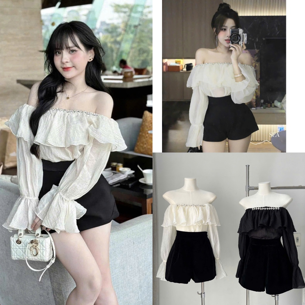 Set Áo Tơ Tằm 2 Màu Trễ Vai Phối Bèo Viền Đá Tay Peplum Xòe To Mix Quần ...