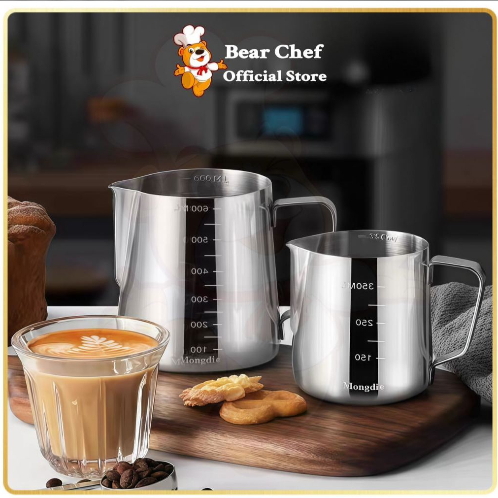 Ca đánh sữa inox 304 latte art 350ml - 2000ml Bear Chef có chia vạch chất liệu Pha cà phê ly ...