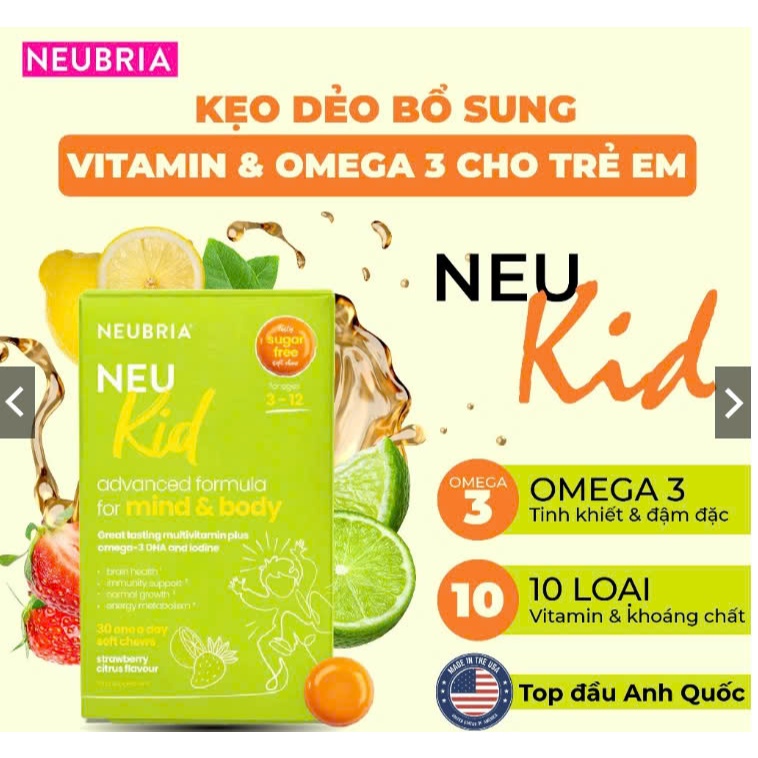 Kẹo dẻo Neubria Neu Kid Multivitamin With Omega-3 30 viên tăng cường đề ...