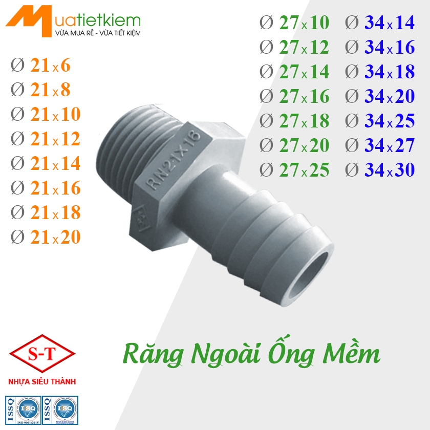 [COMBO 10 cái] Răng Ngoài Ống Mềm PVC, răng phi 21, 27, 34, đuôi chuột phi 6, 8, 10, 12, 14, 16 ...