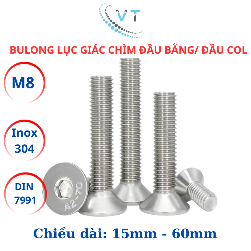 Bulong lục giác đầu col, lục giác đầu bằng Inox304 M8 (8li) dài từ 15mm ...