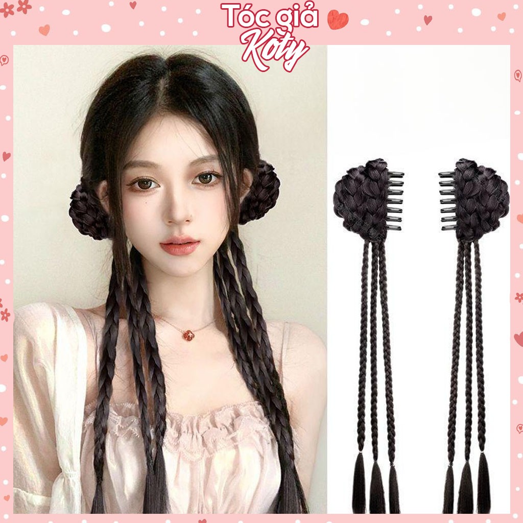 Tóc giả thắt bím dài 45cm dạng kẹp, ngoạm tóc tết giả thắt bính cho nữ ...