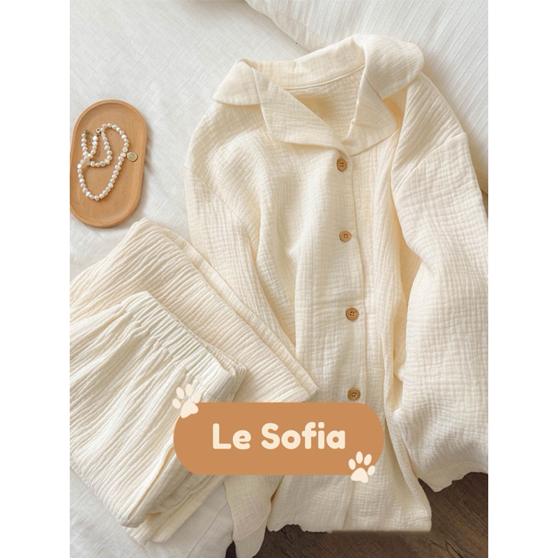 Bộ đồ ngủ Le Sofia chất cotton đũi xinh xắn, bộ mặc nhà dài tay phong cách hàn quốc LES05 ...