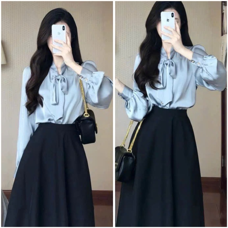 SÉT SOMI XANH BÓNG NƠ NGỰC + CHÂN VÁY ĐEN XOÈ DÀI | Shopee Việt Nam