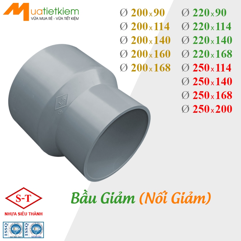 [BÁN SỈ] Bầu Giảm, Nối Giảm PVC phi 200x90/114/140/160/168, 220x90/114/140/168, 250x114/140/168 ...