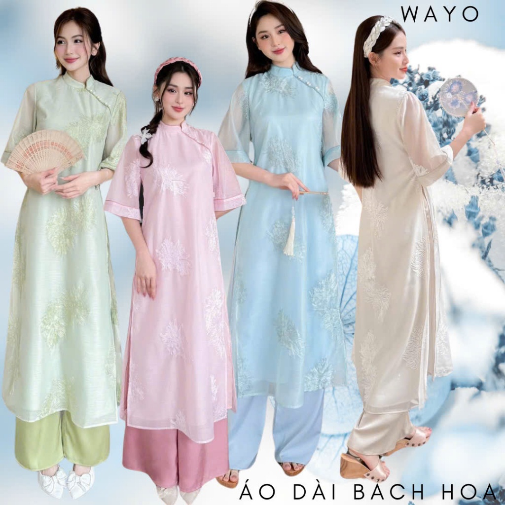 [Áo dài Bách Hoa] Set áo dài WAYO thiết kế tơ thêu hoa cao cấp cách tân ...
