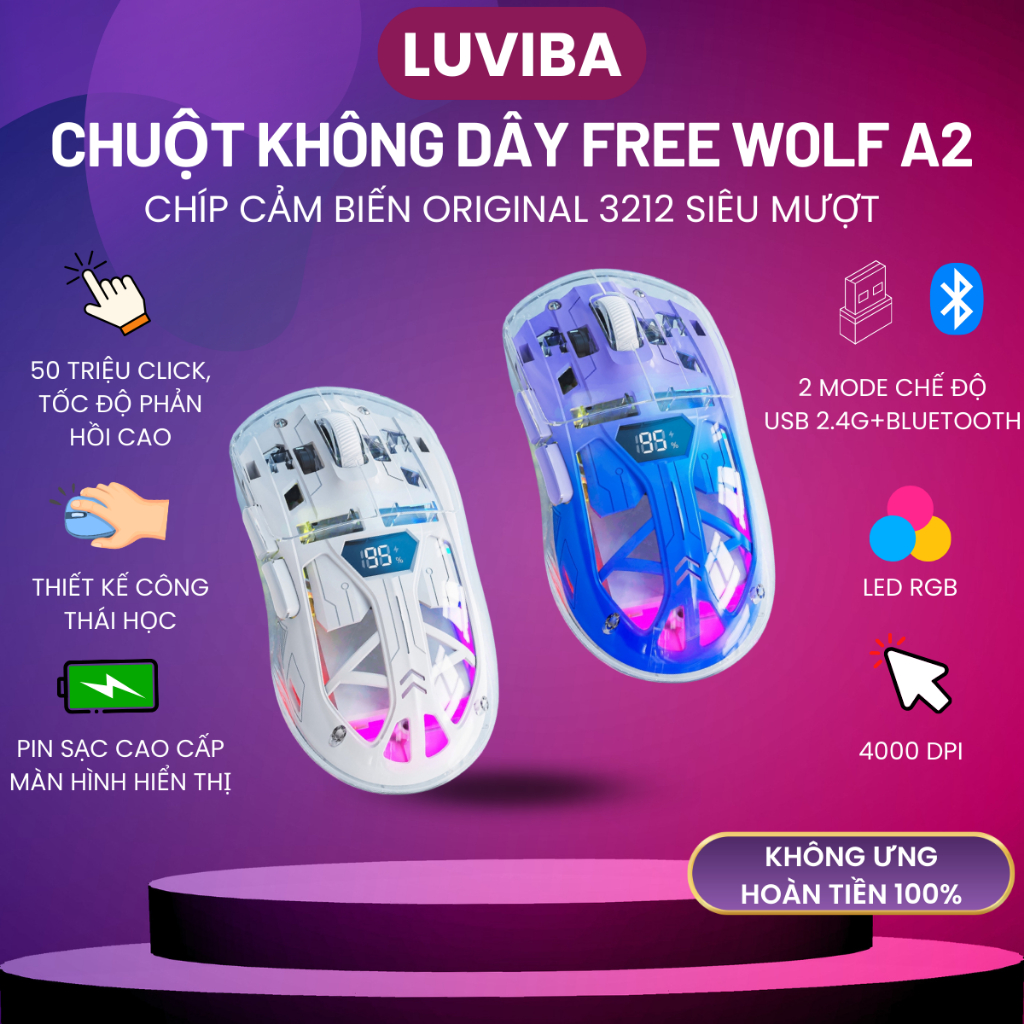 Chuột Bluetooth Không Dây Free Wolf A2 LED RGB, Chuột Máy Tính 2 Mode ...
