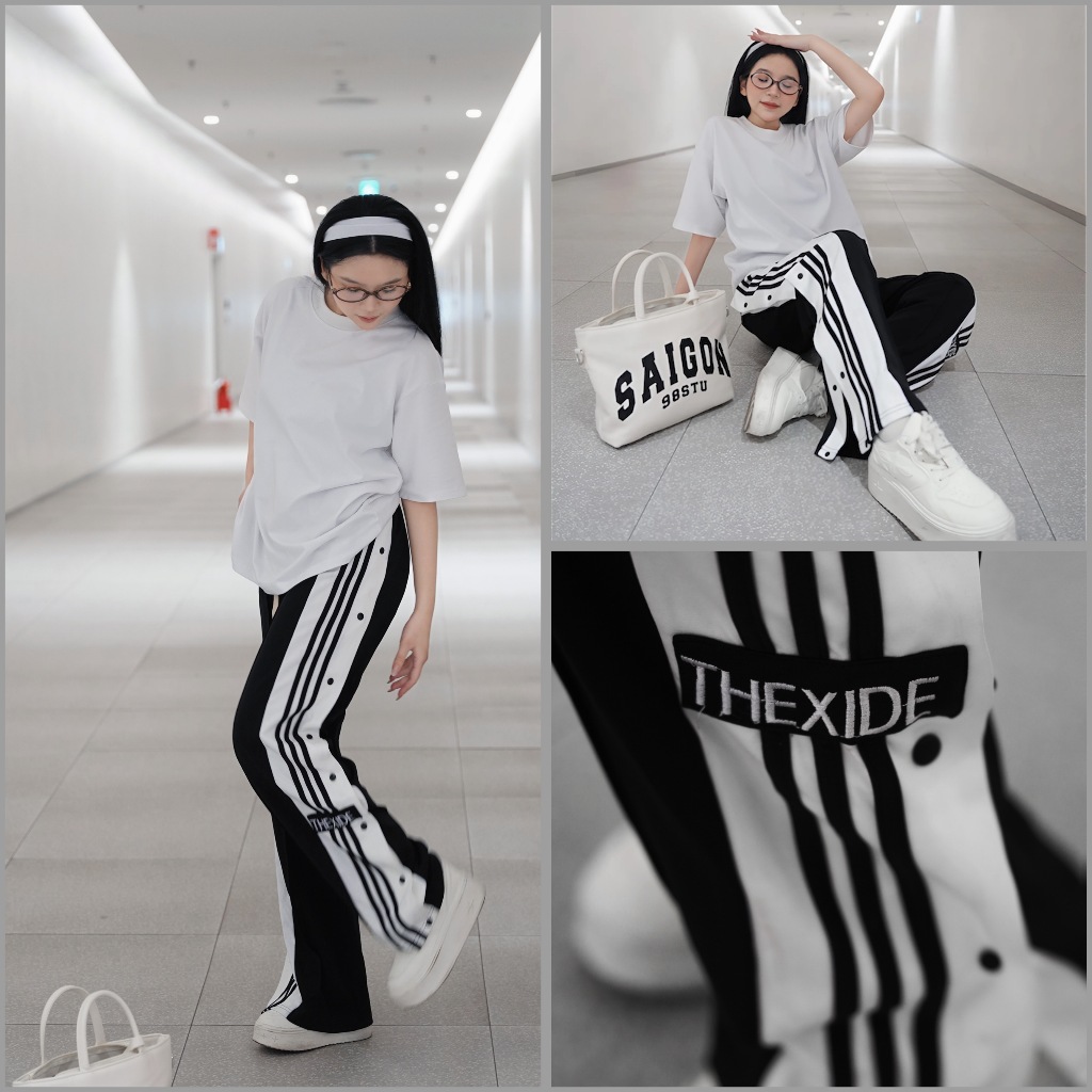 Quần 3 Sọc thể thao Nam Nữ ống suông Thexide chất nỉ poly khuy bấm | Shopee Việt Nam