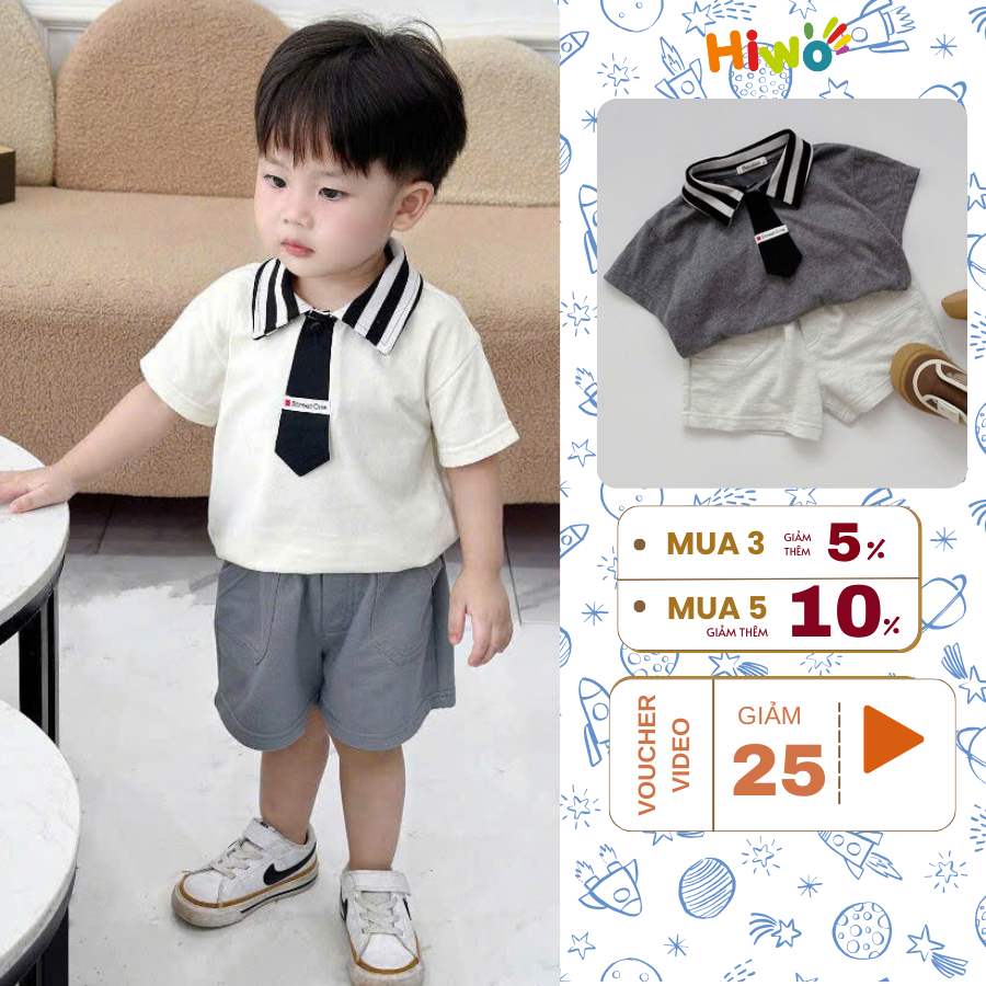 Bộ Quần Áo Cộc Tay Cho Bé Trai Cổ Kẻ Phối Cà Vạt, Set Quần Áo Polo Trẻ ...