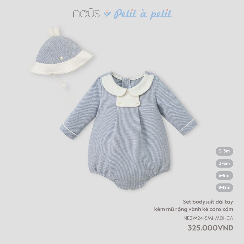 Nous Baby bodysuit dài tay bộ liền dài màu hồng, xanh kèm nơ, mũ dễ ...