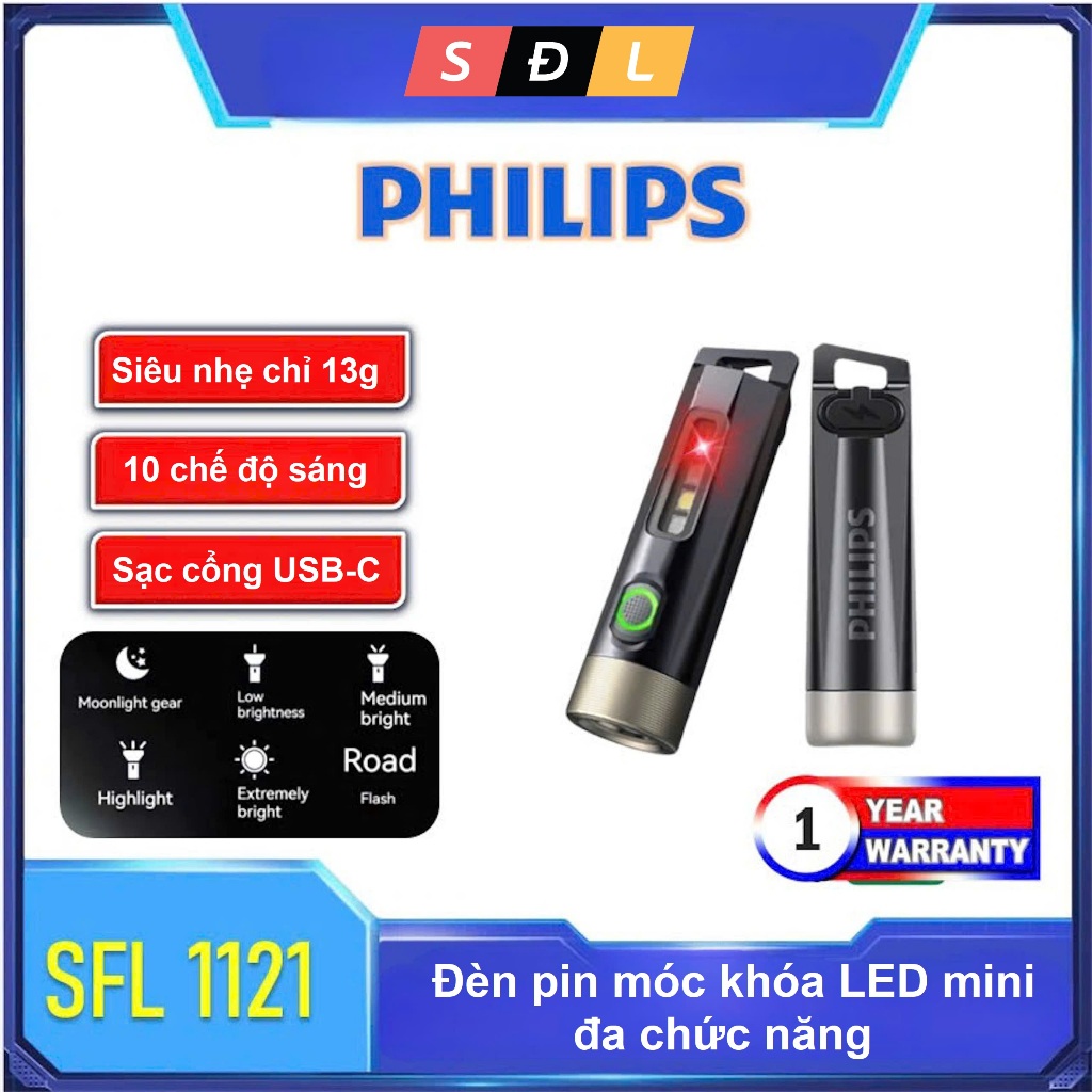 Đèn pin móc khóa LED mini đa chức năng Philips SFL1121 có pin sạc tích ...