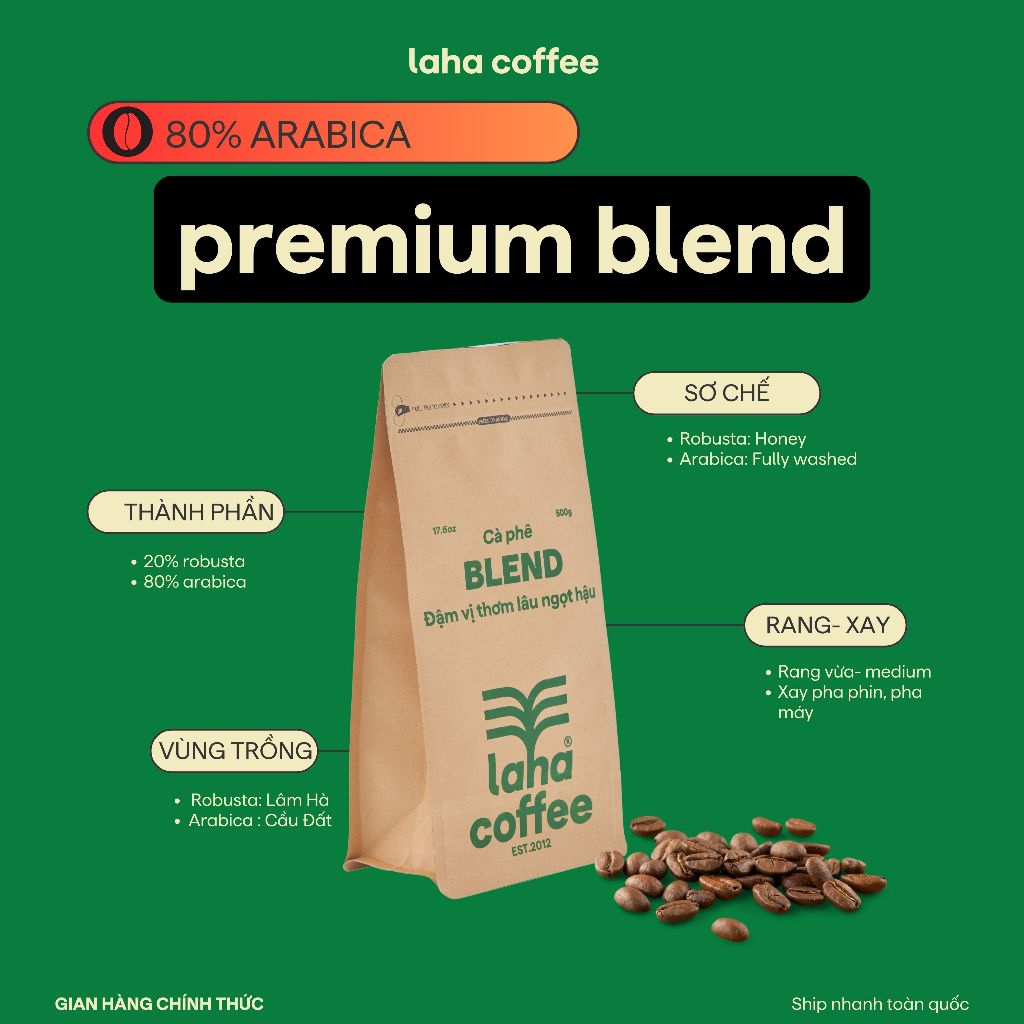 Cà phê thượng hạng Laha Blend 20% Robusta 80% Arabica dạng hạt, bột pha ...