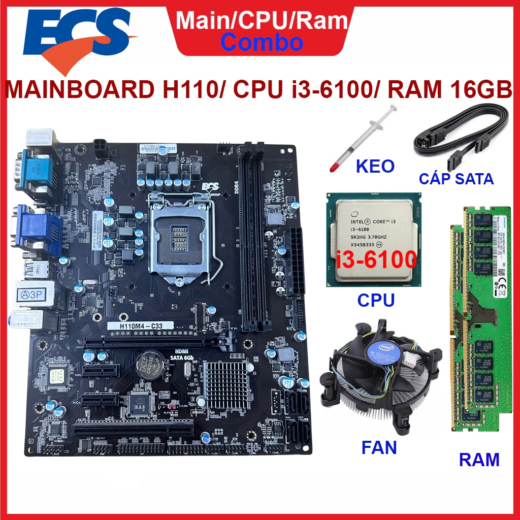Combo Mainboard H110 + CPU i7 6700 + 16GB RAM + FAN + Keo tản nhiệt - Sản phẩm tháo máy Korea ...