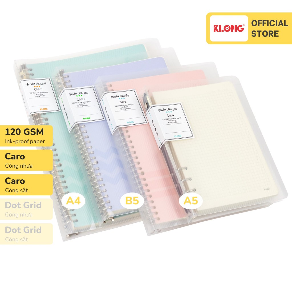 Sổ còng KLONG 120GSM Caro Dot Grid A5 B5 A4 | Shopee Việt Nam