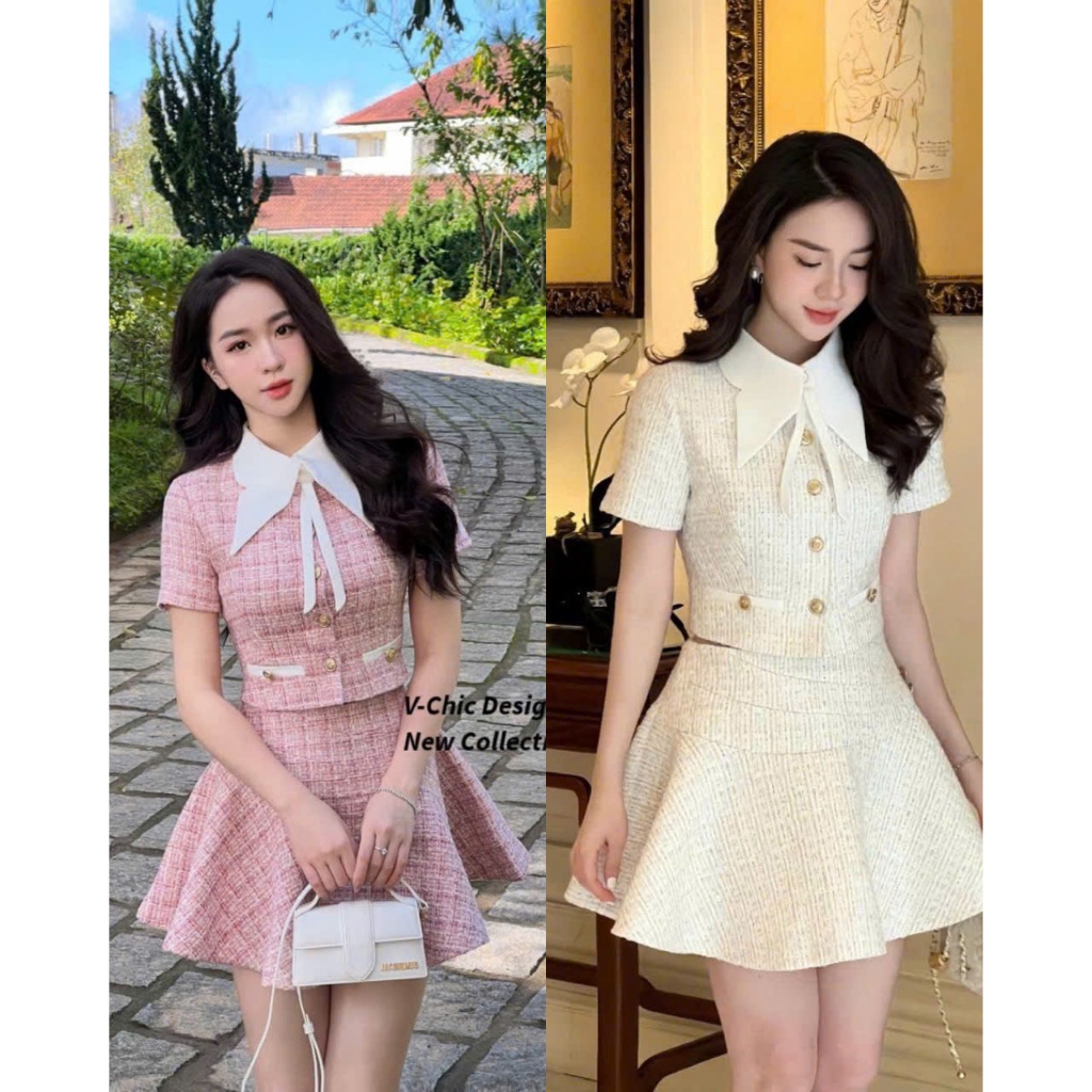 BỐNG - Set thiết kế dạ tweed ép mùng áo croptop khuy đồng mix chân váy xòe | Shopee Việt Nam