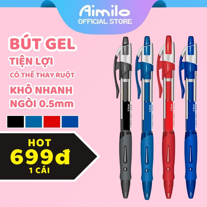 【Aimilo】Bút gel bấm ngòi 0.5mm mực xanh đỏ đen viết trơn mực ra đều bút ...