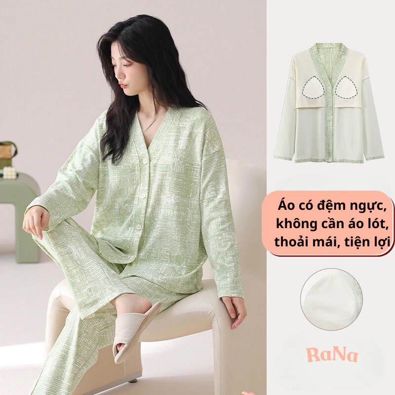 Bộ đồ mặc nhà có đệm ngực cho nữ quần áo mặc ngủ chất liệu cotton mềm ...