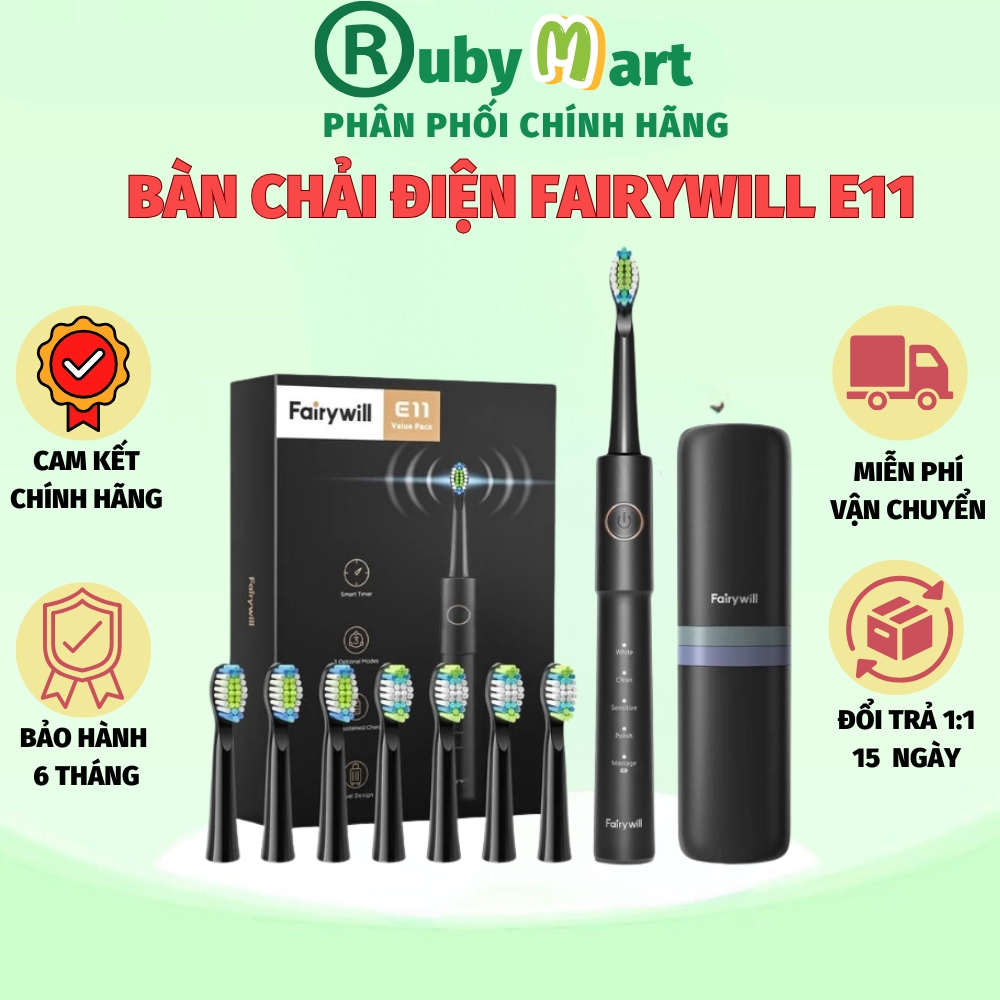 Bàn chải điện Fairywill E11, bàn chải đánh răng điện 5 chế độ, tặng kèm 8 đầu chải, bàn chải ...