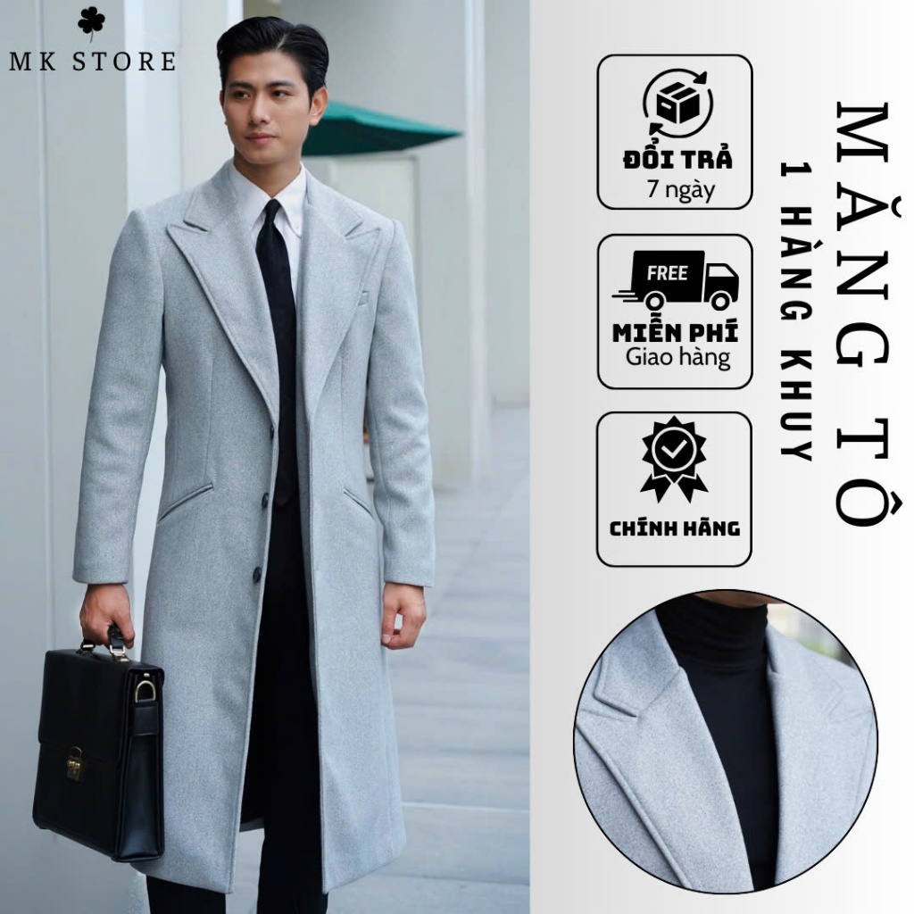 Áo Khoác Măng Tô Nam Dáng Dài 1 Hàng Khuy Phong Cách Hàn Quốc Basic Thời Thượng Với Chất Liệu Dạ ...