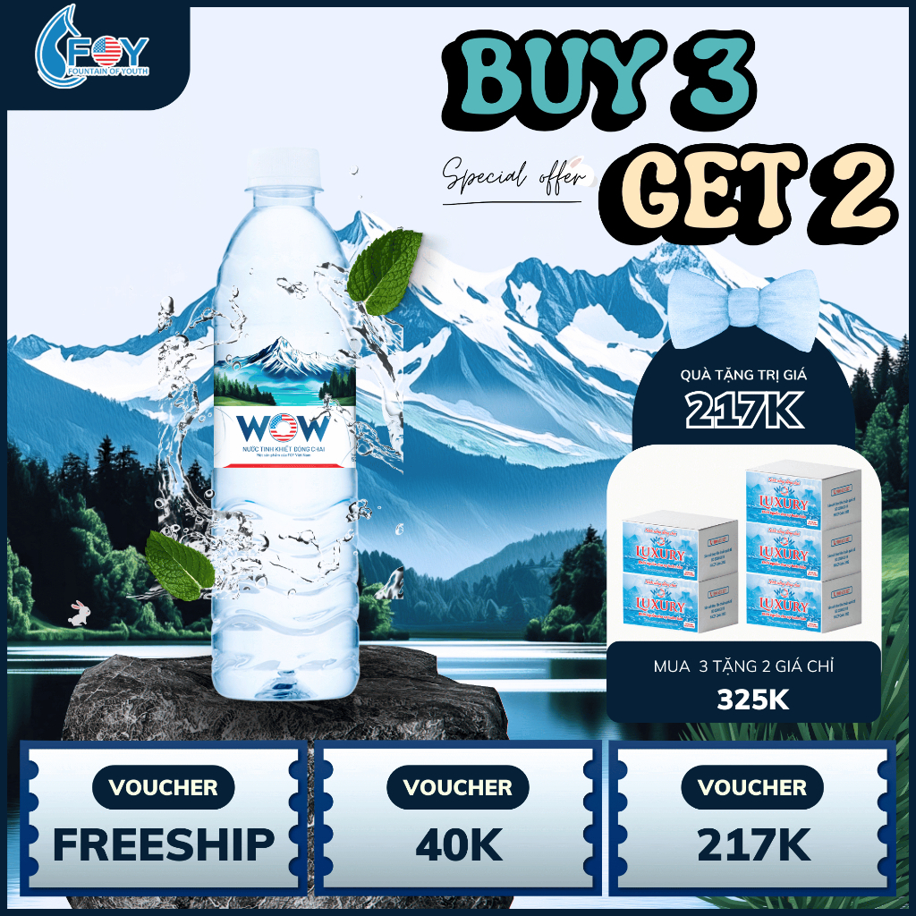 [MUA 3 TẶNG 2] Thùng 24 Chai 520ml Nước tinh khiết cao cấp WOW LUXURY | Shopee Việt Nam
