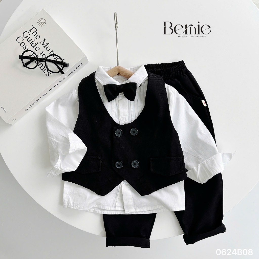 Set gile công tử 4 chi tiết gồm gile, sơ mi trắng dài tay, quần âu, nơ ...