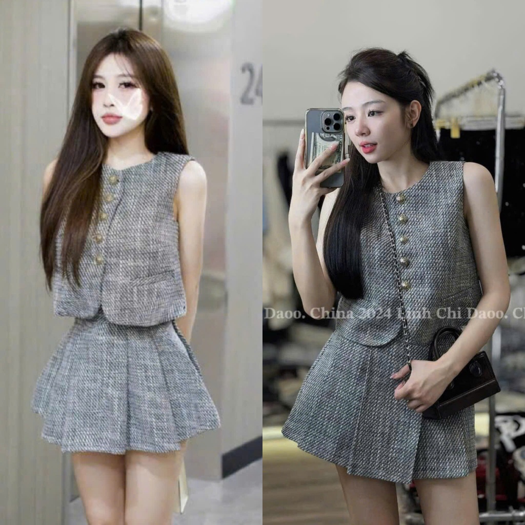 Set Váy Dạ Tiêu Gile Khuy Đồng 2 Lớp Dày Dặn Mix Chân Váy Xếp Ly Xòe Hack Tuổi (Ảnh Thật Trải ...
